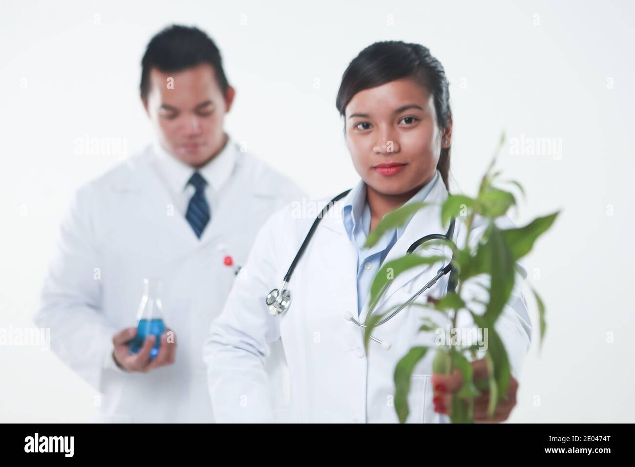 Doctors holding a herbal plant and chemicals Stock Photo - Alamy