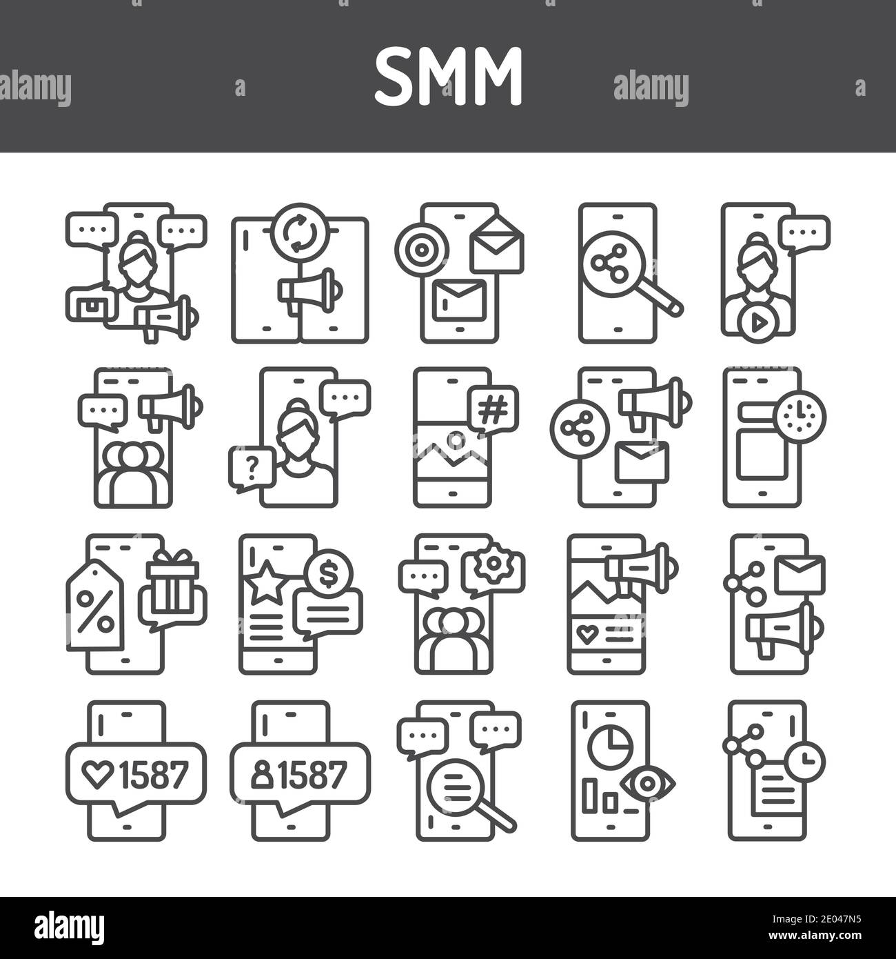 SMM tools promotion line black icons set. Isolated vector element Stock ...
