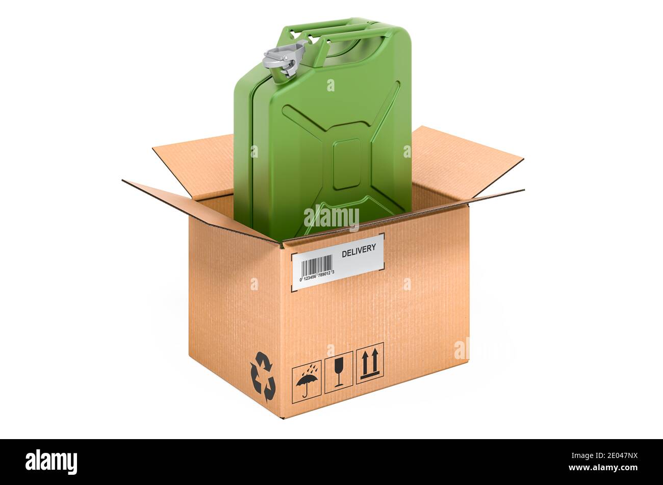 Jerry can inside cardboard box, delivery concept. 3D rendering isolated ...