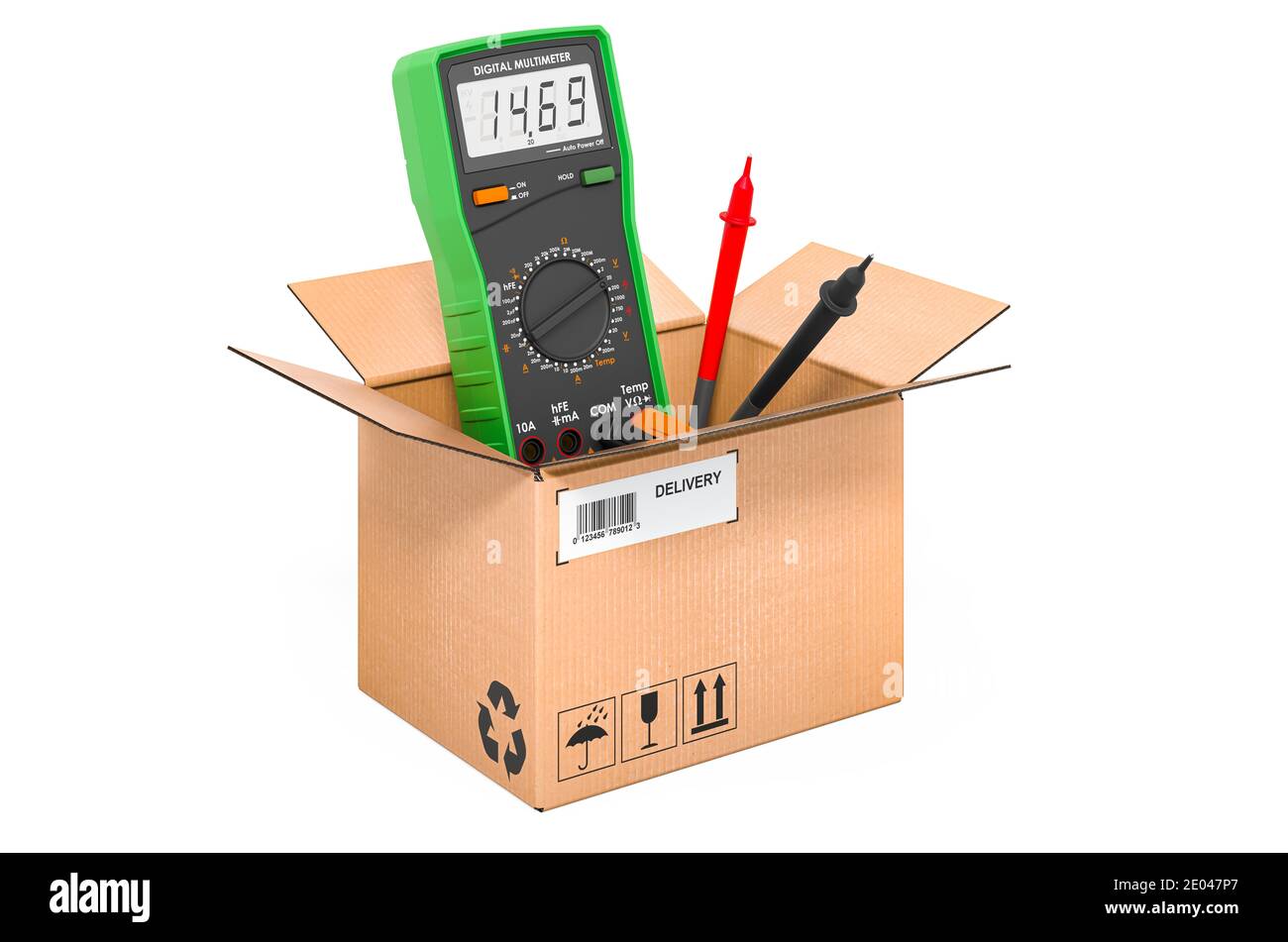 Digital multimeter inside cardboard box, delivery concept. 3D rendering ...