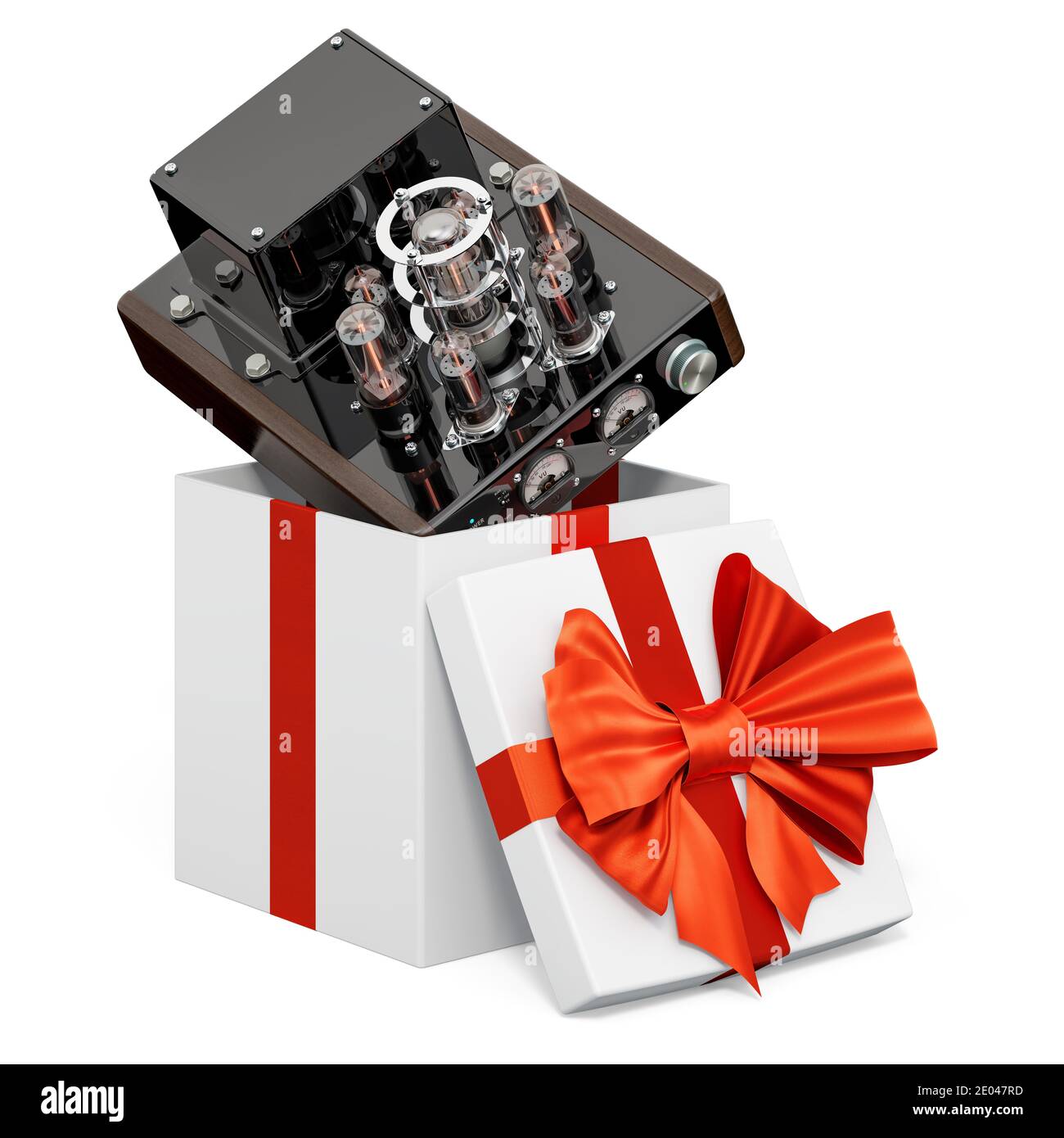 Electronic amplifier inside gift box, present concept. 3D rendering ...