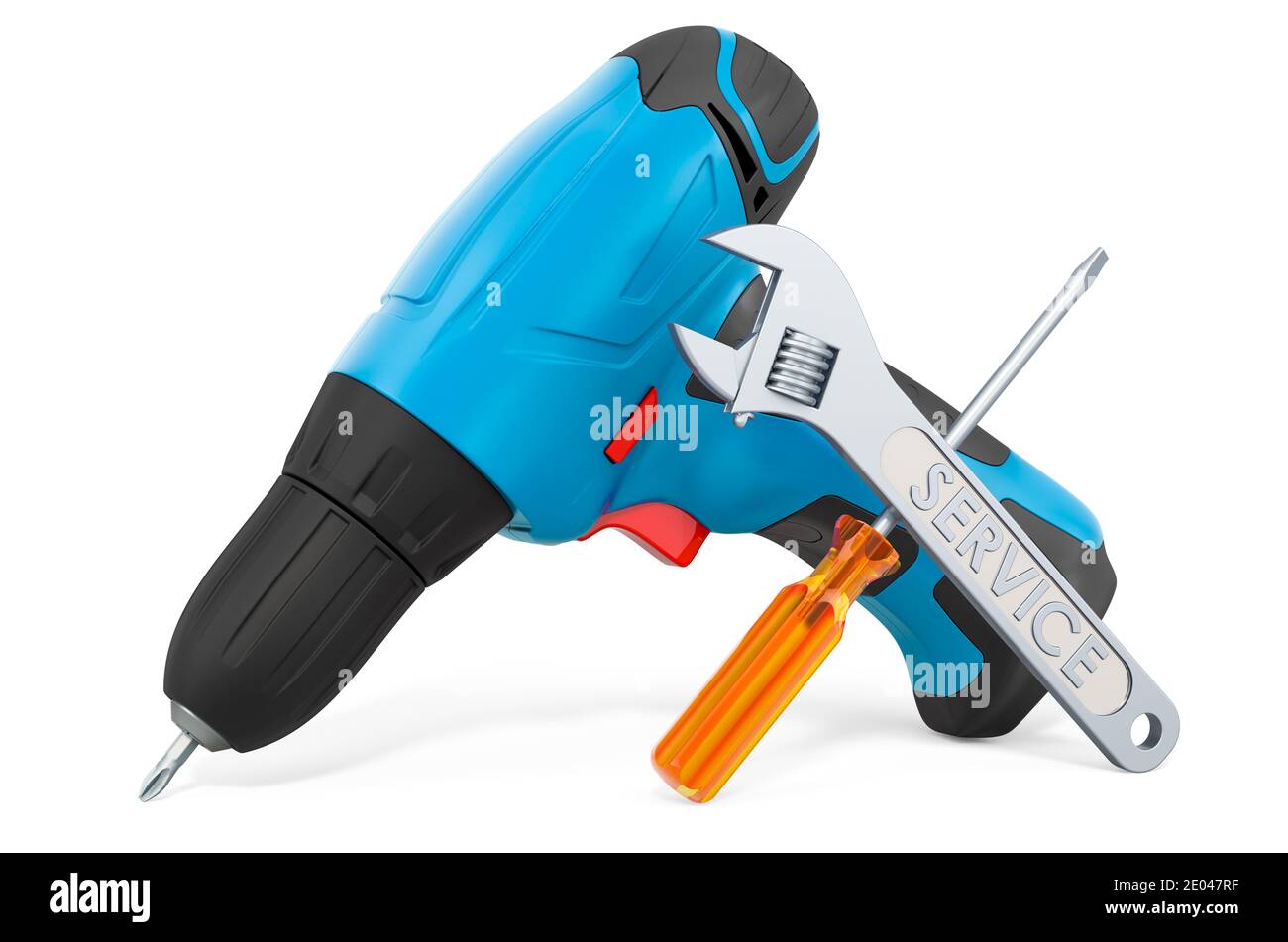 Service and repair of screw gun, 3D rendering isolated on white ...