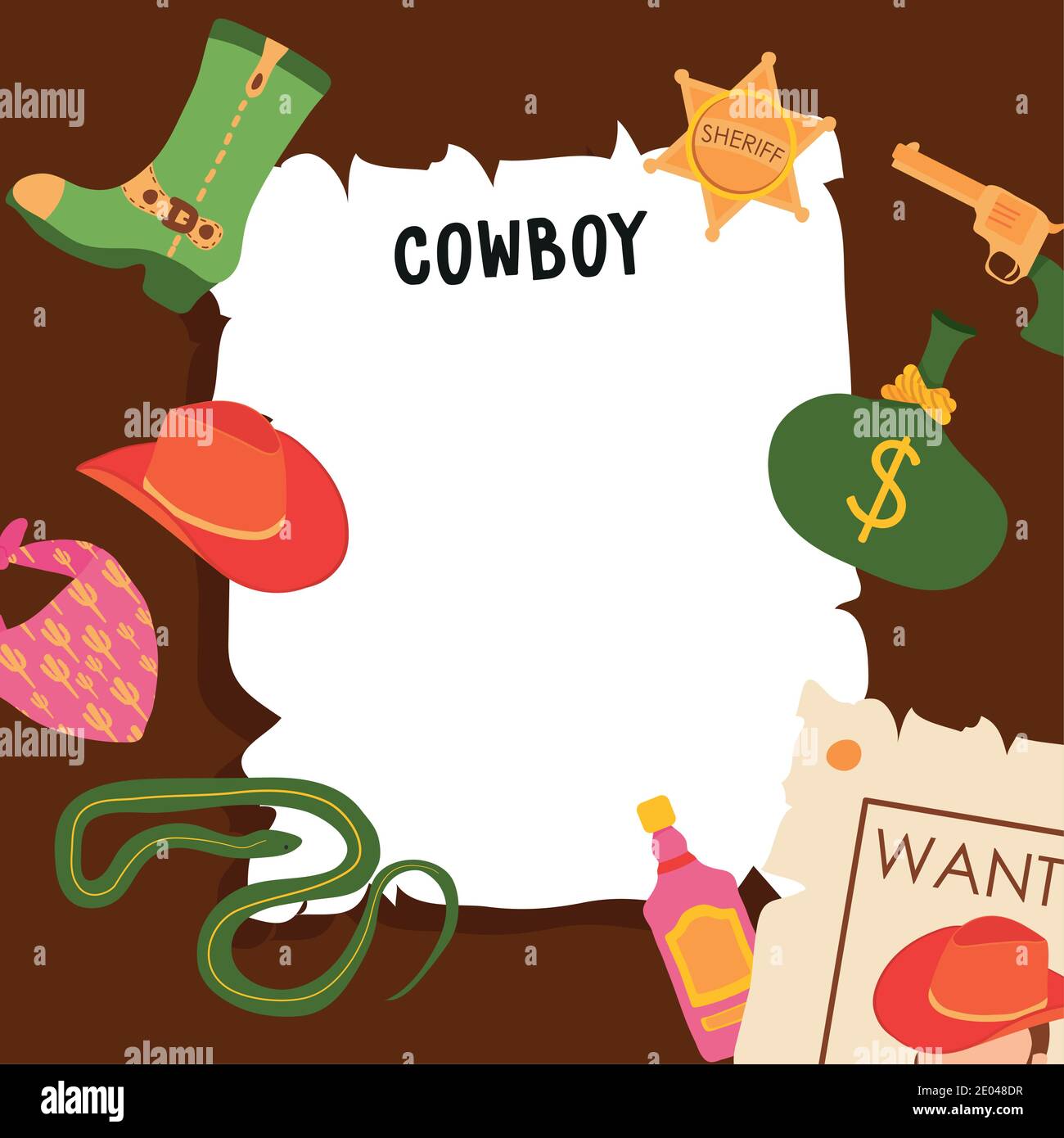 Wild west cowboy man wanted paper with icon set design, Western America ...
