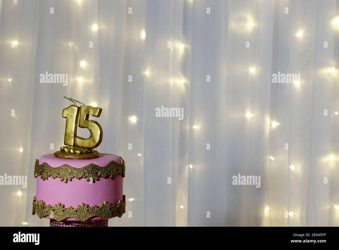 Pink party cake, 15th birthday, with golden number fifteen, pink cake ...
