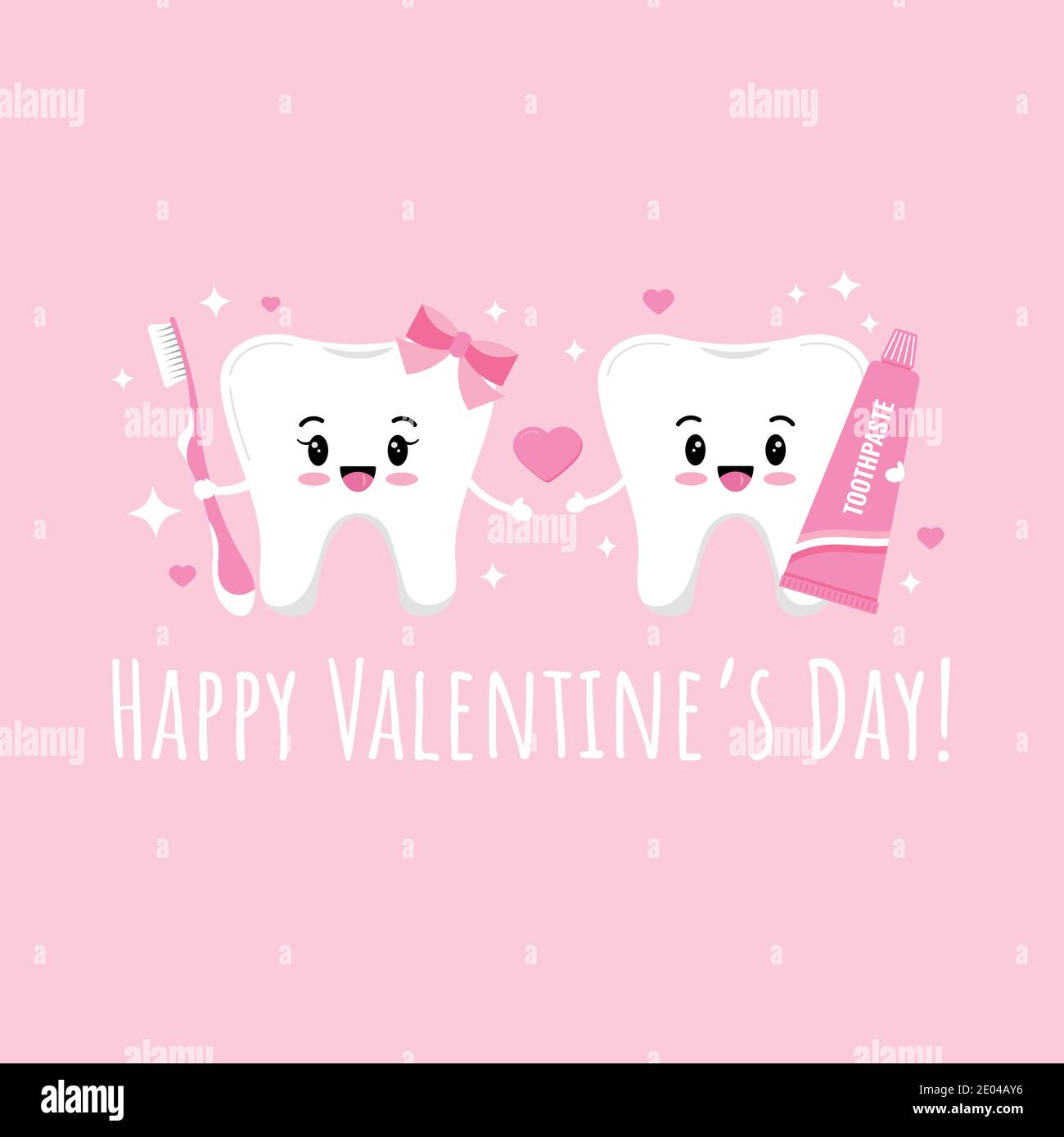 Tooth couple in love with toothpaste, toothbrush, hearts and sparkles ...