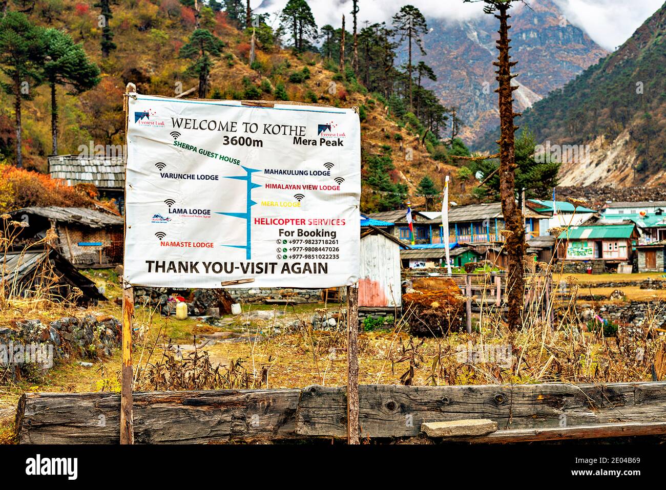 Kothe, Nepal - Nov 29, 2019: View at welcome sign and the Himalayan ...