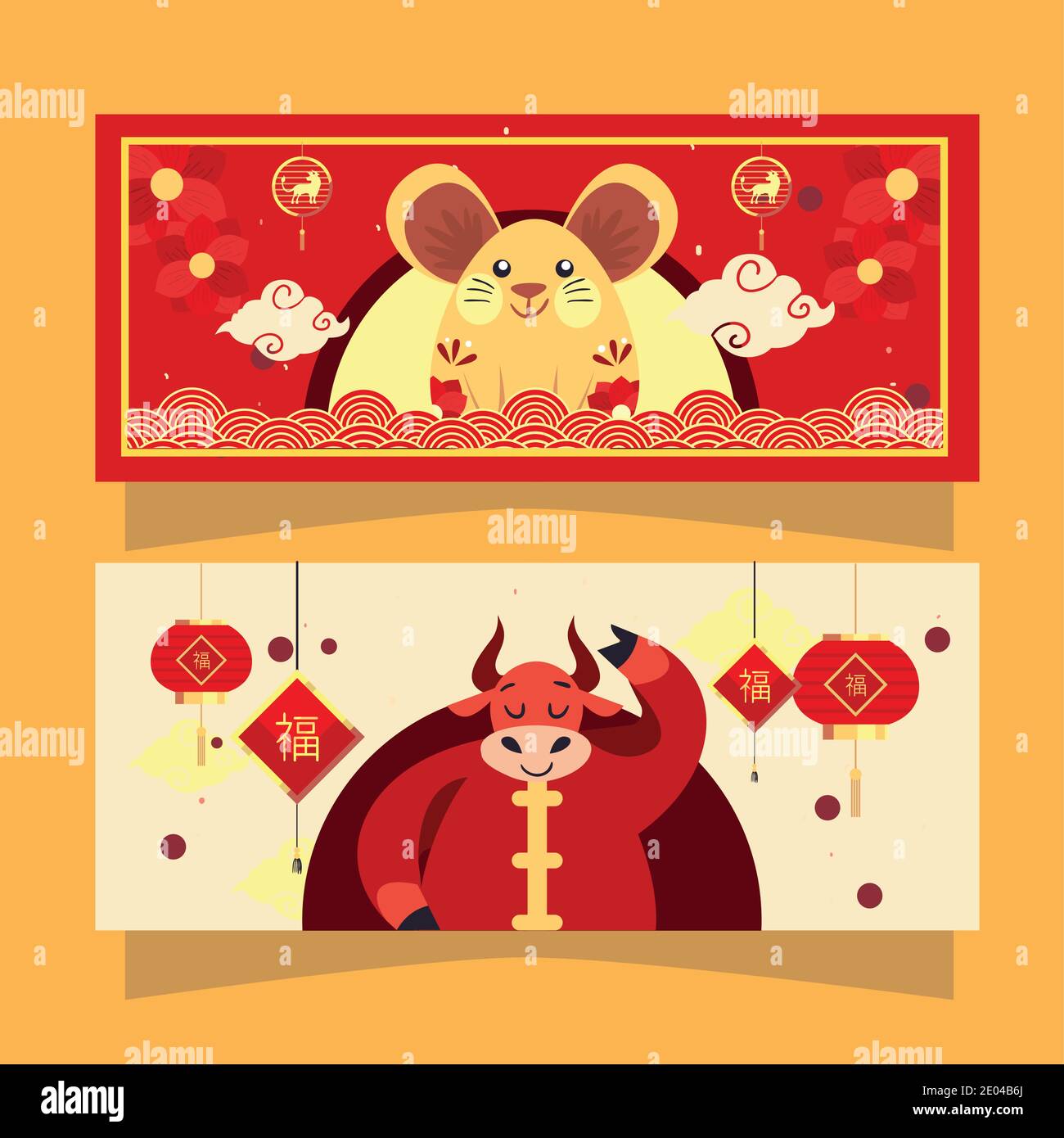 Chinese new year 2021 bull and mouse in frames design, China culture ...