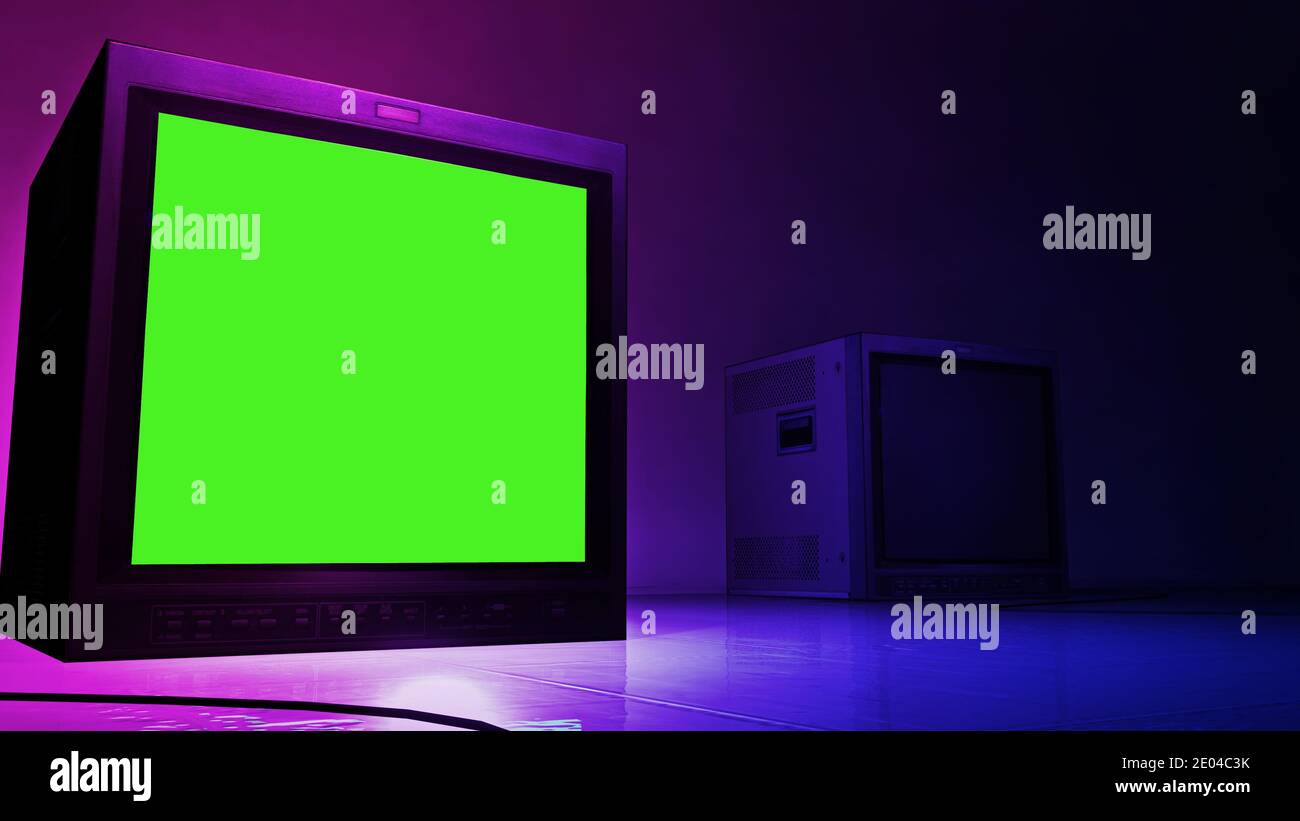 CRT TV sets in a dark, retro wave concept scene. A 3D render with copy ...