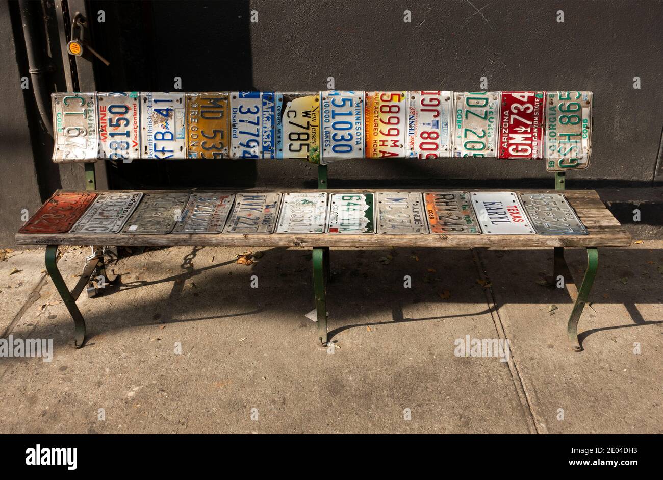 bench made out of car license plates in front of Brooklyn Ice House NYC ...