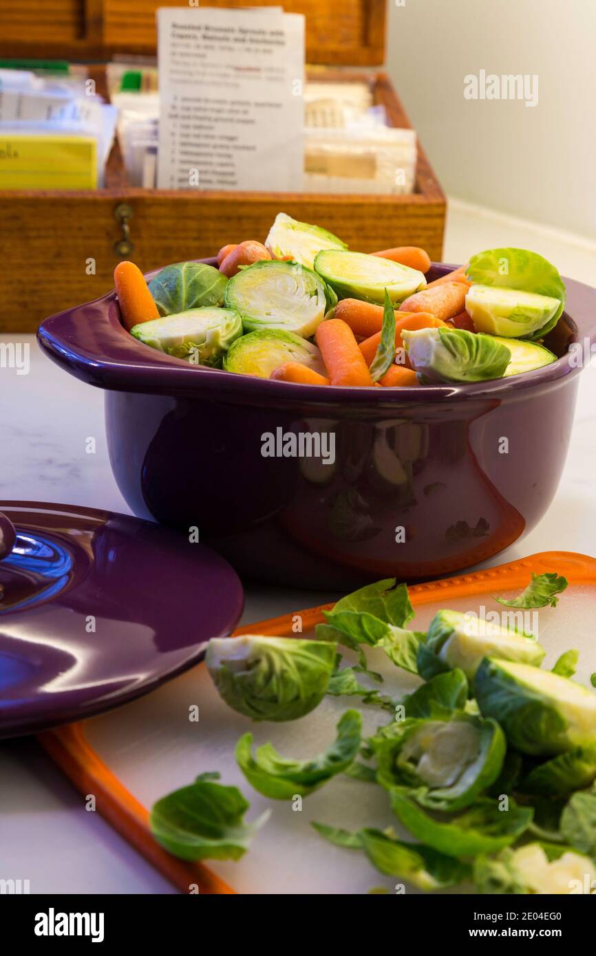 Residential kitchen counter is filled with meal preparation, USA Stock ...