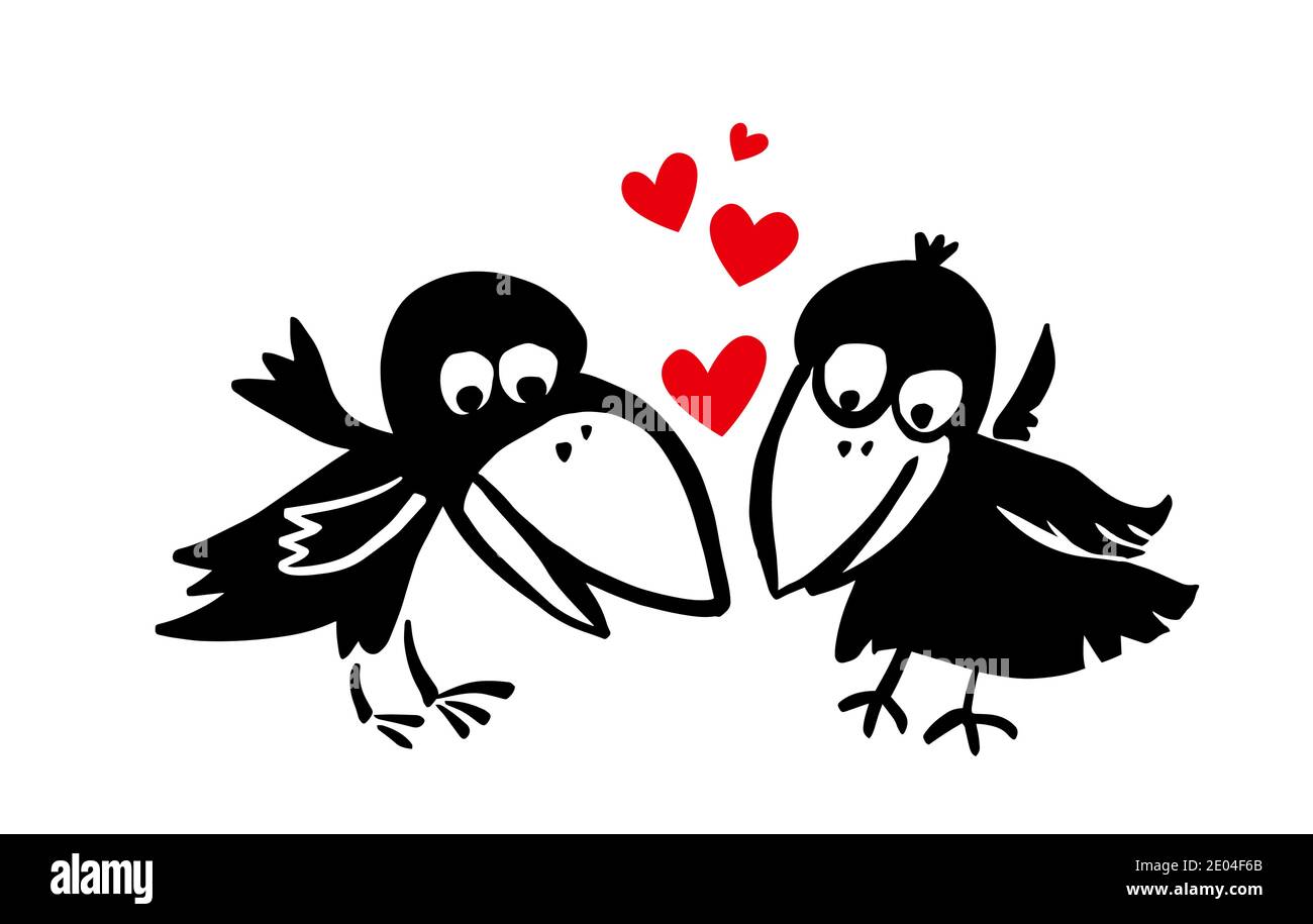 Two funny crows are in love. Cartoon Valentine. Vector illustration ...