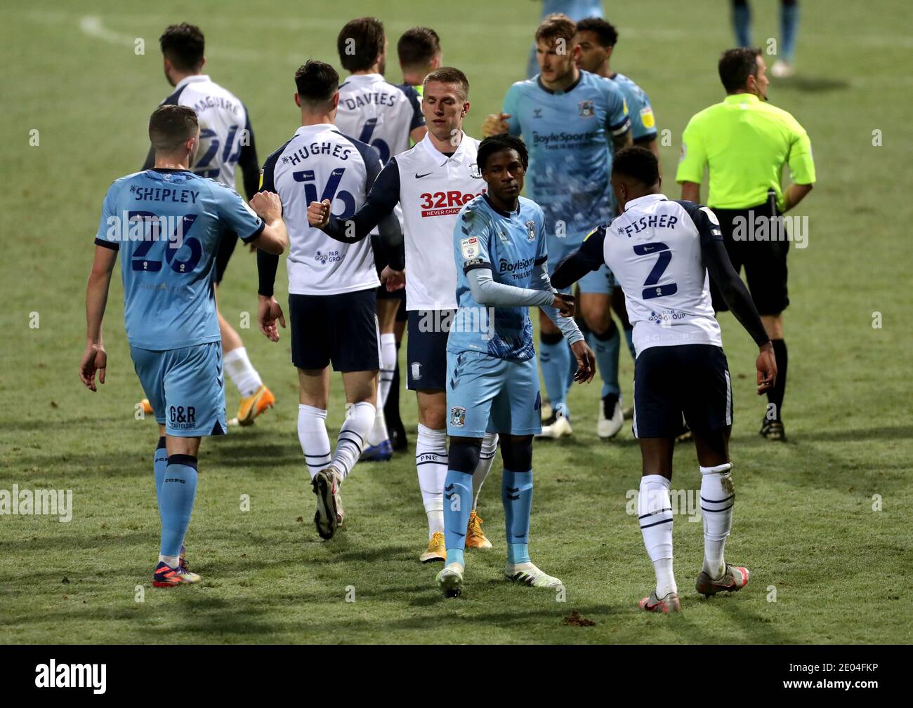 Preston North End's Darnell Fisher (right) bumps elbows with Coventry ...