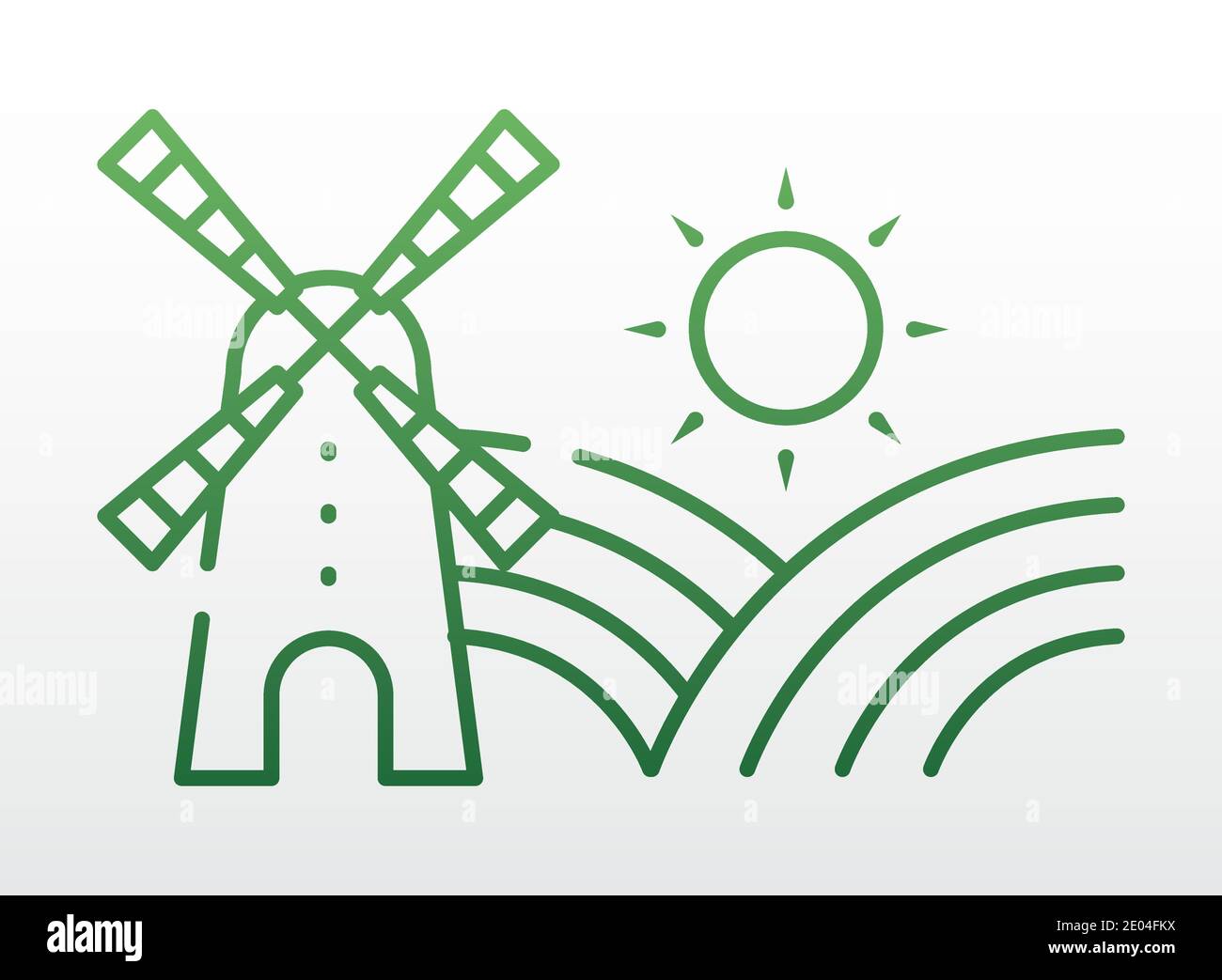 farm mill, mountain and sun over white background, half line style ...
