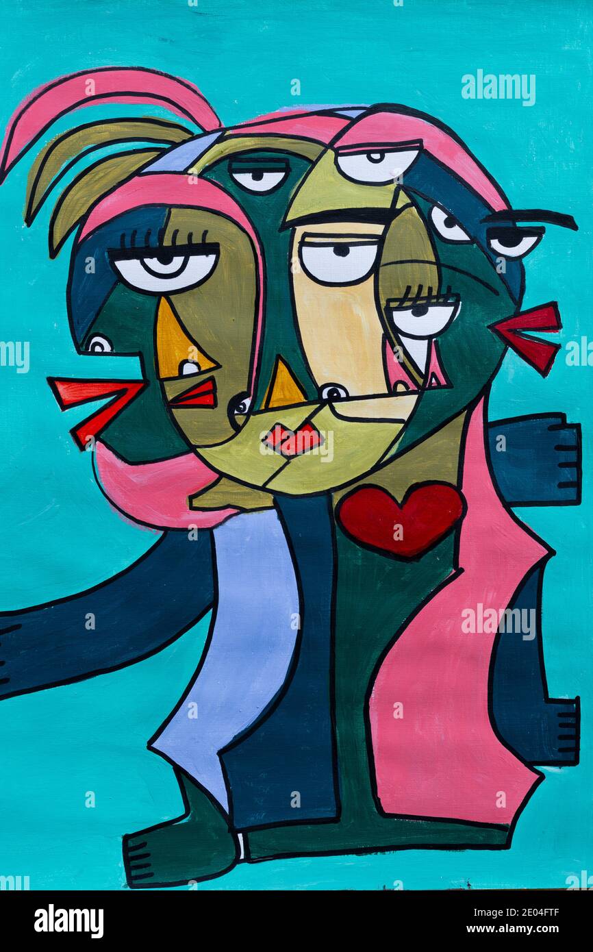 painting abstract with eyes mouth, different persons cubism, person ...