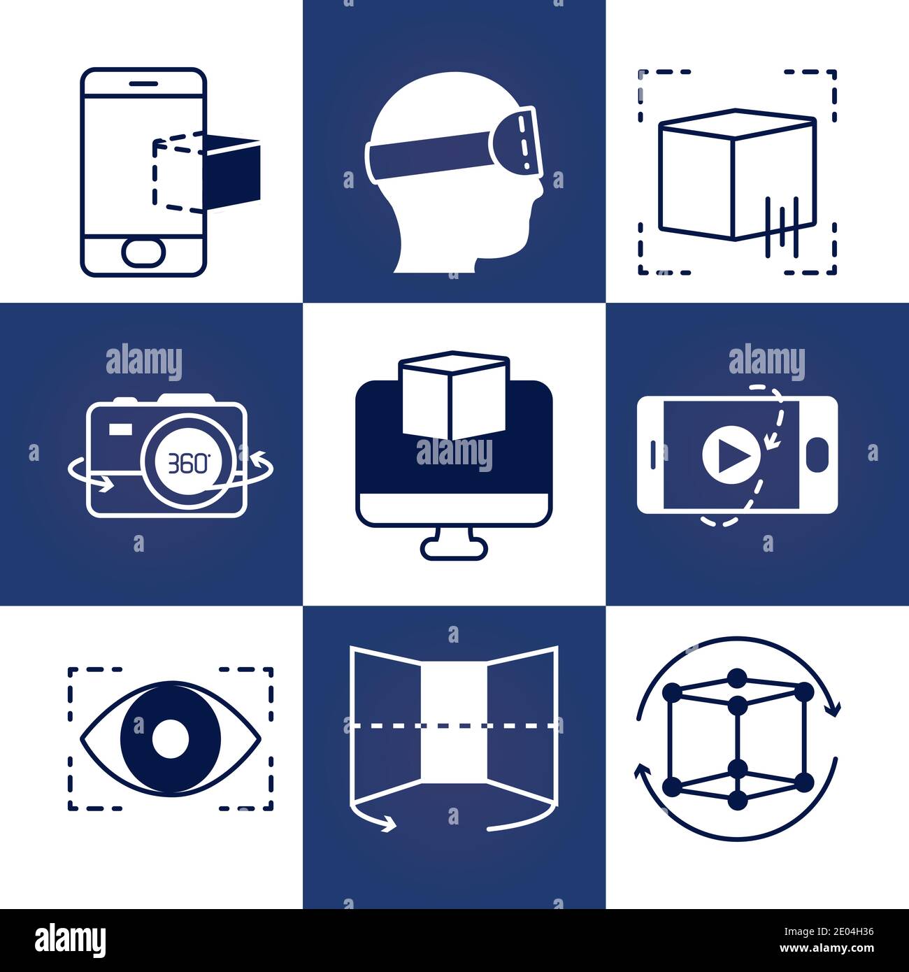 augmented reality and vr icon set over white and blue squares ...