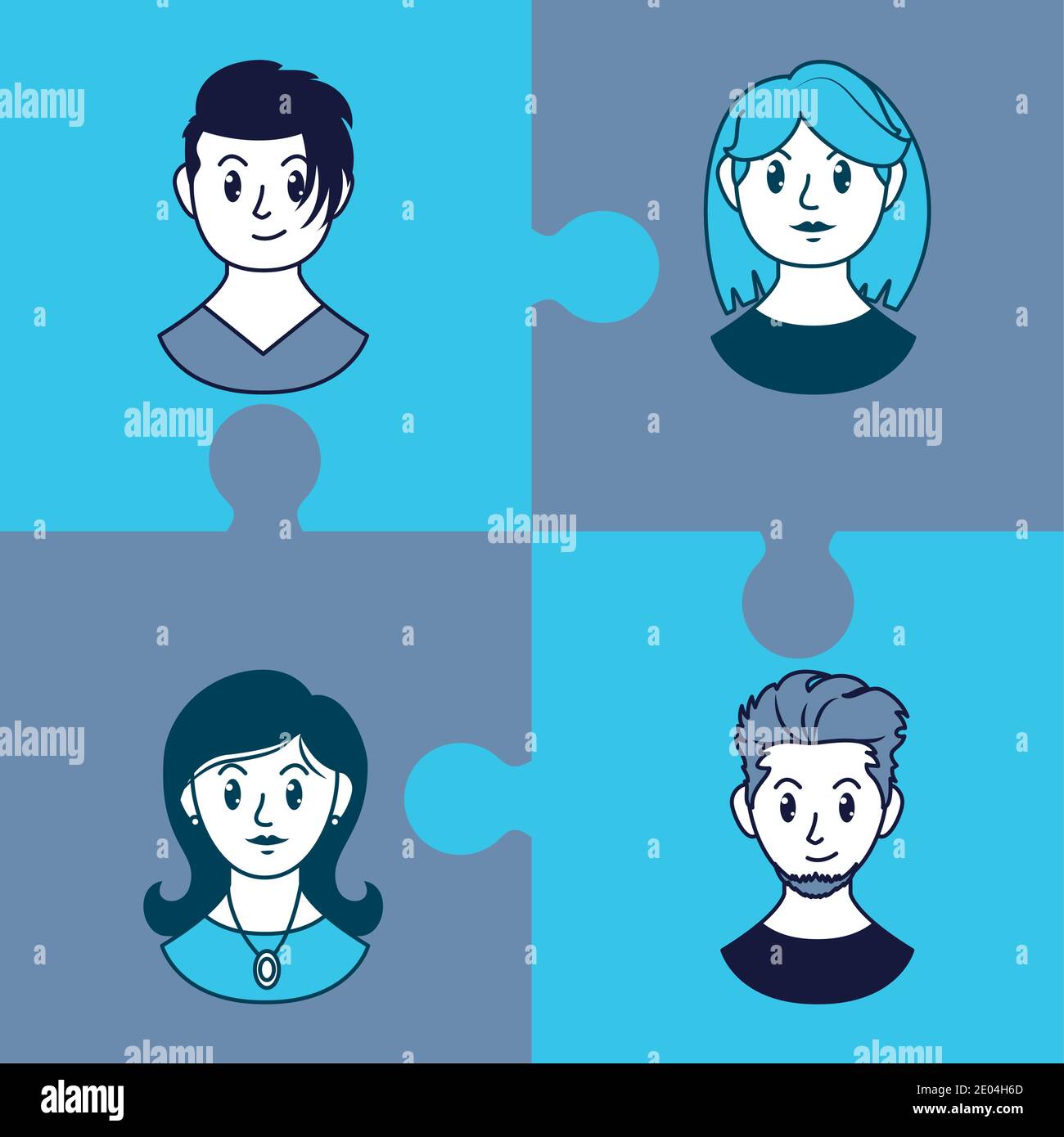 puzzles design with cartoon people icon set, line style, vector ...