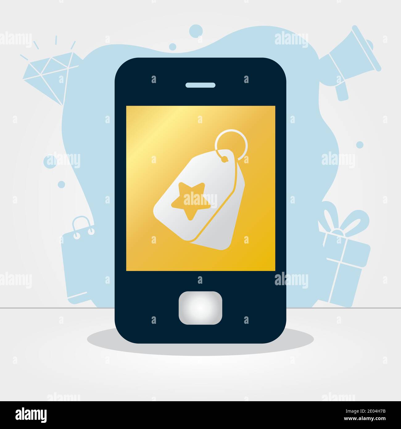 smartphone with price tags on screen over white background, colorful ...