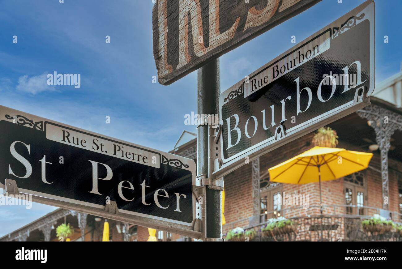 Bourbon Street and St Peter St sign, in the New Orleans French Quarter ...