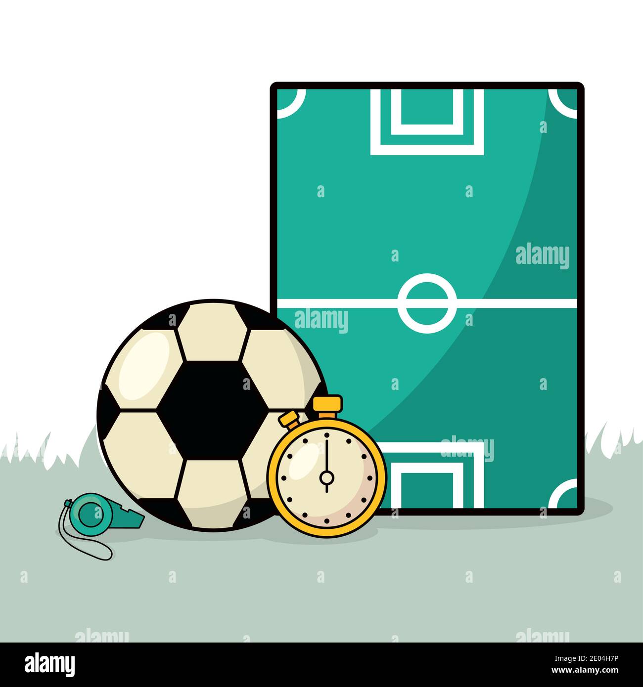soccer field, ball and chronometer over white background, line anf fill ...