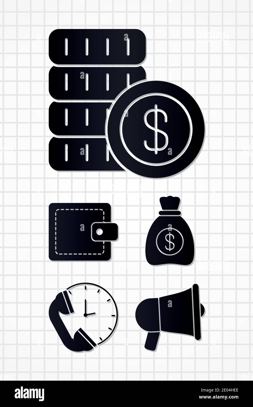 money coins and related icons over white background, silhouette style ...