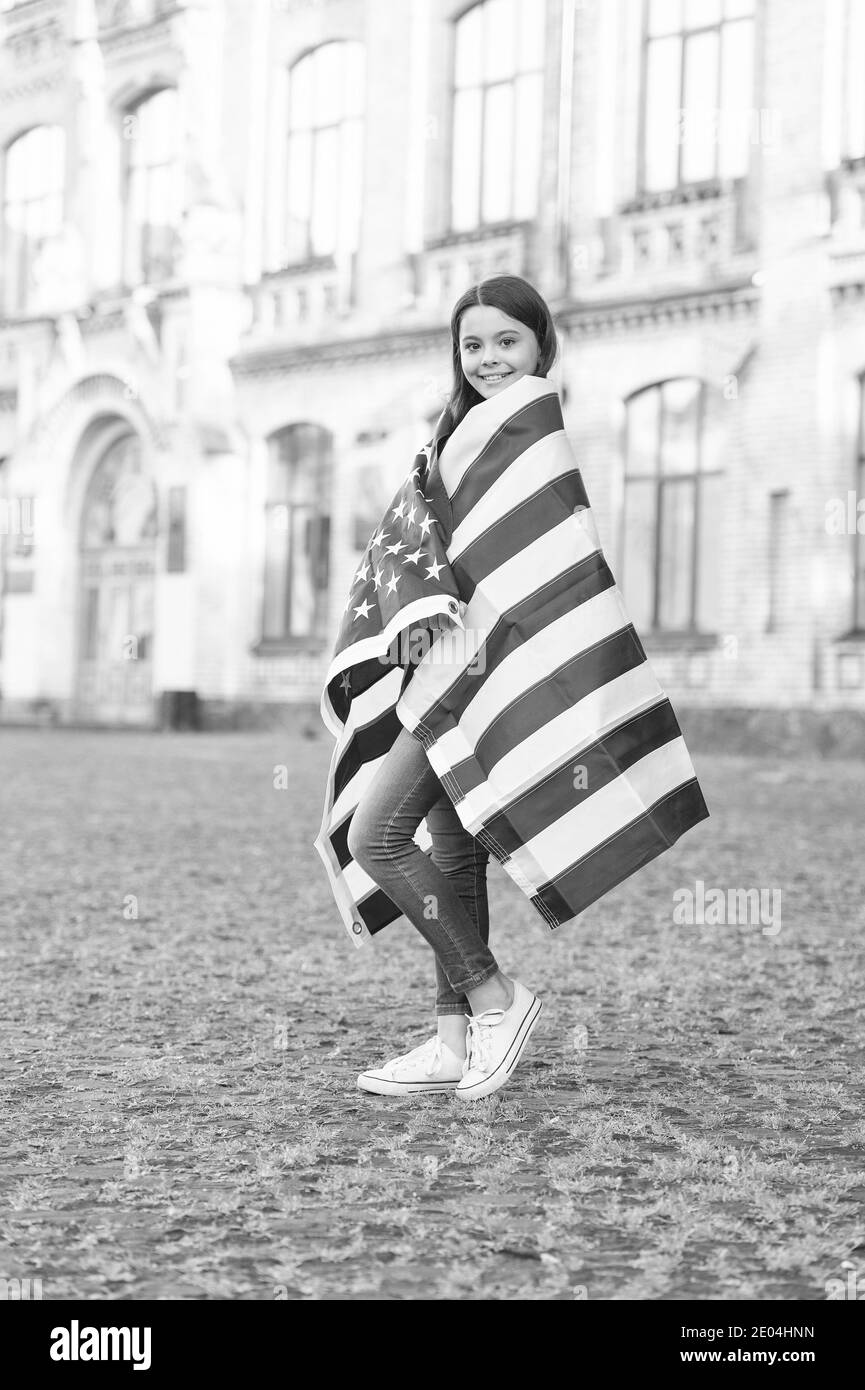 Red, white and blue I am for you. Happy girl wear american flag ...