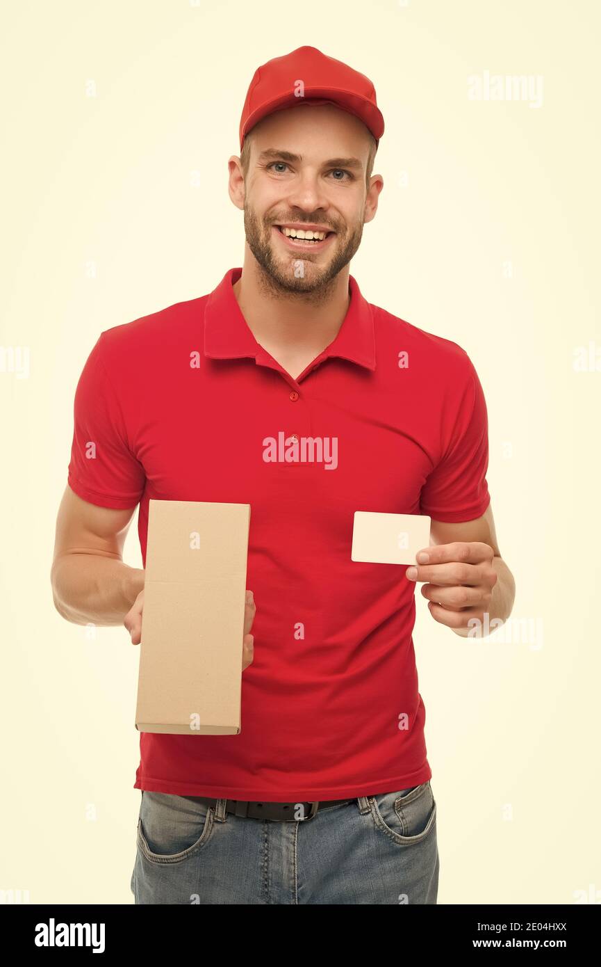 Contactless payment. Call us. Business contact. Smiling courier ...