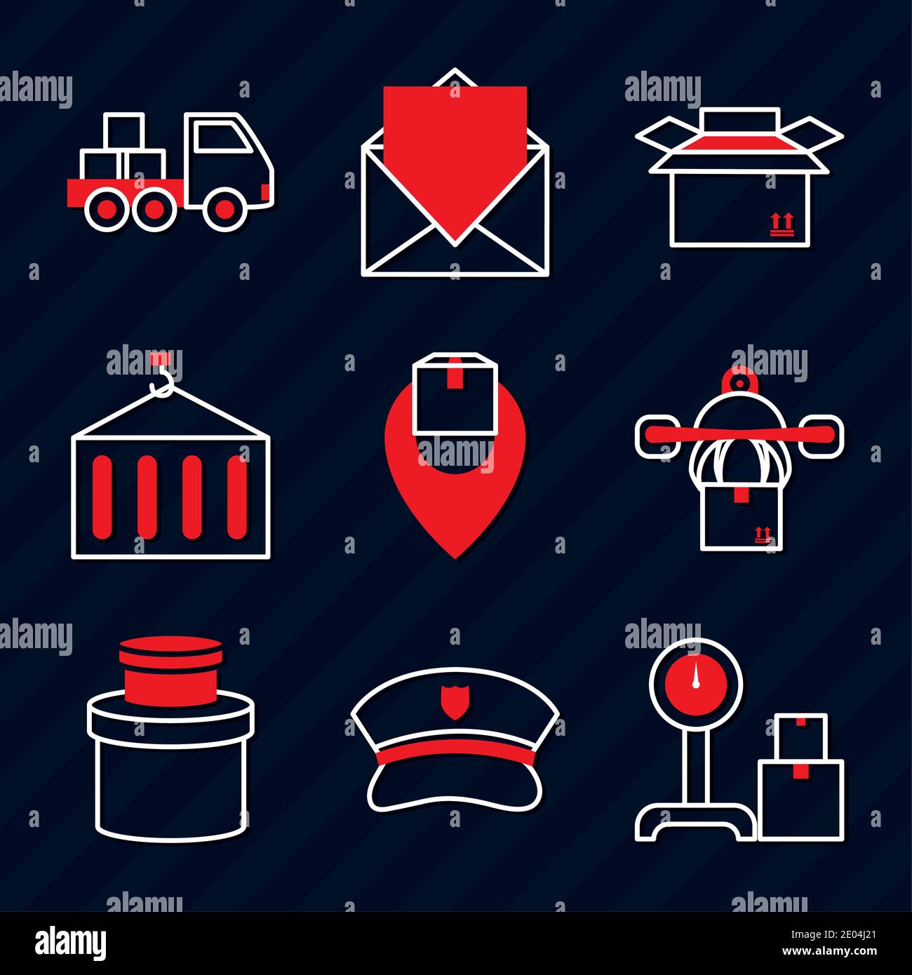 icon set of postal service over black background, half line half color ...