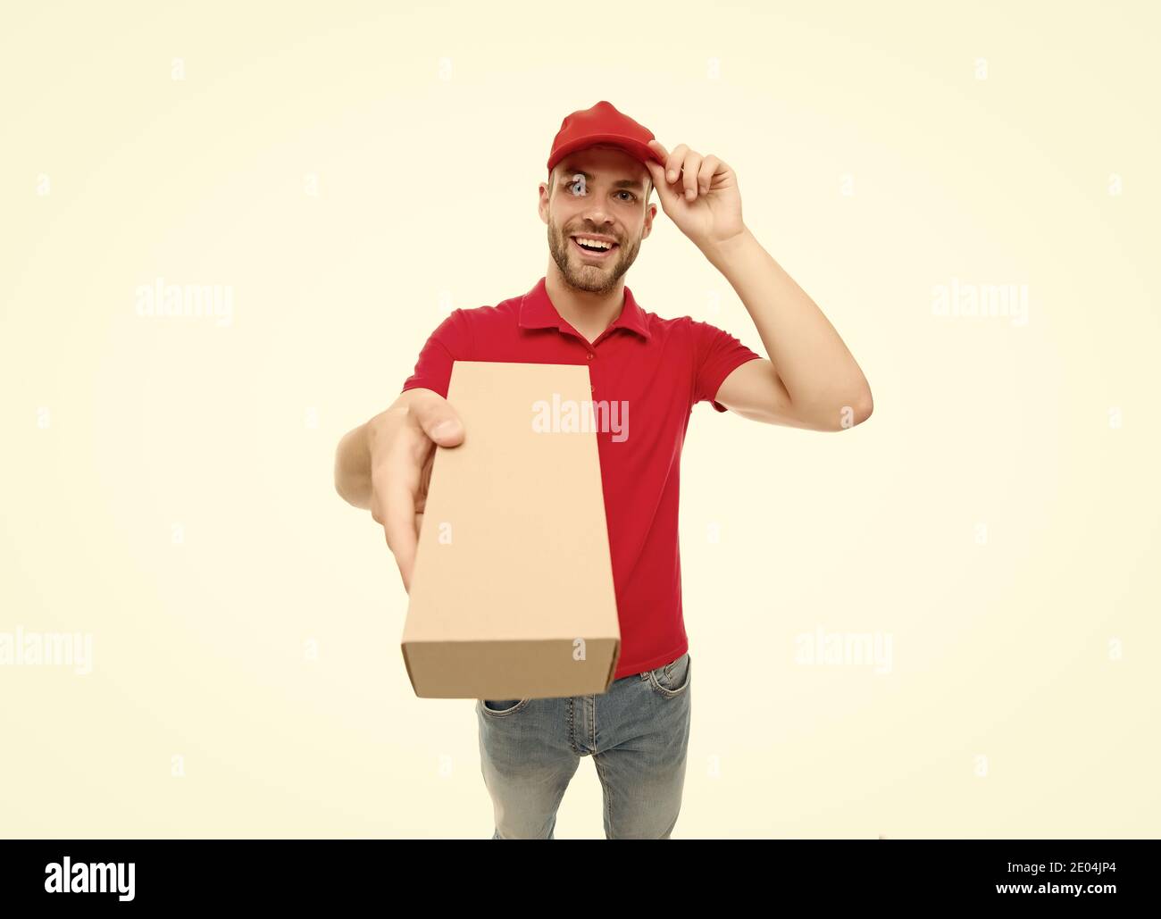 Adding speed to your delivery. Delivery man isolated on white. Happy ...