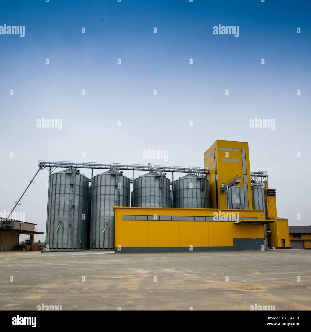 Cereal silos with a yellow building Stock Photo - Alamy
