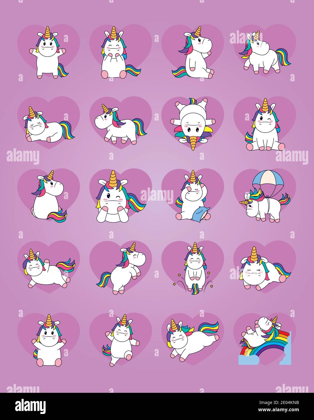 icon set of cute unicorns over pink hearts and background, line and ...
