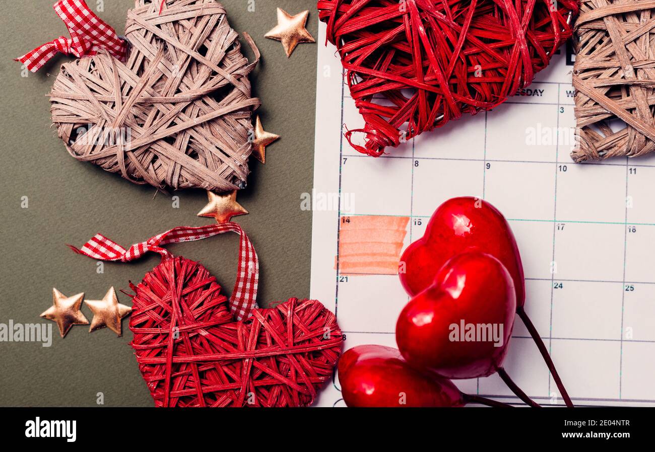 14 February, calendar with craft red hearts background, valentines day ...