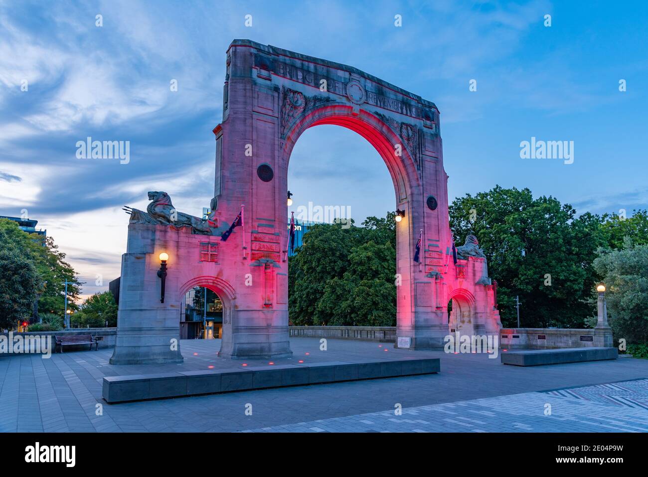 Night view of bridge of remembrance in Christchurch, New Zealand Stock ...