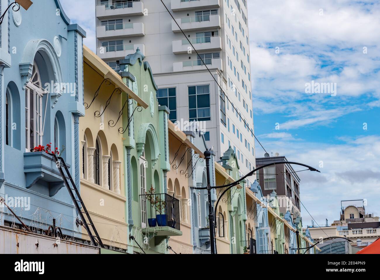 Colorful houses at New Regent street in Christchurch, New Zealand Stock ...