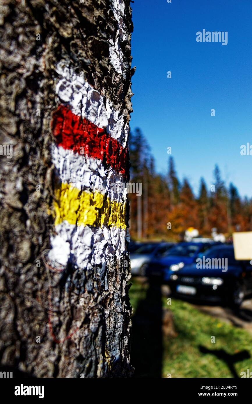 Closeup view on a red and yellow trail marker in a parking lot in ...