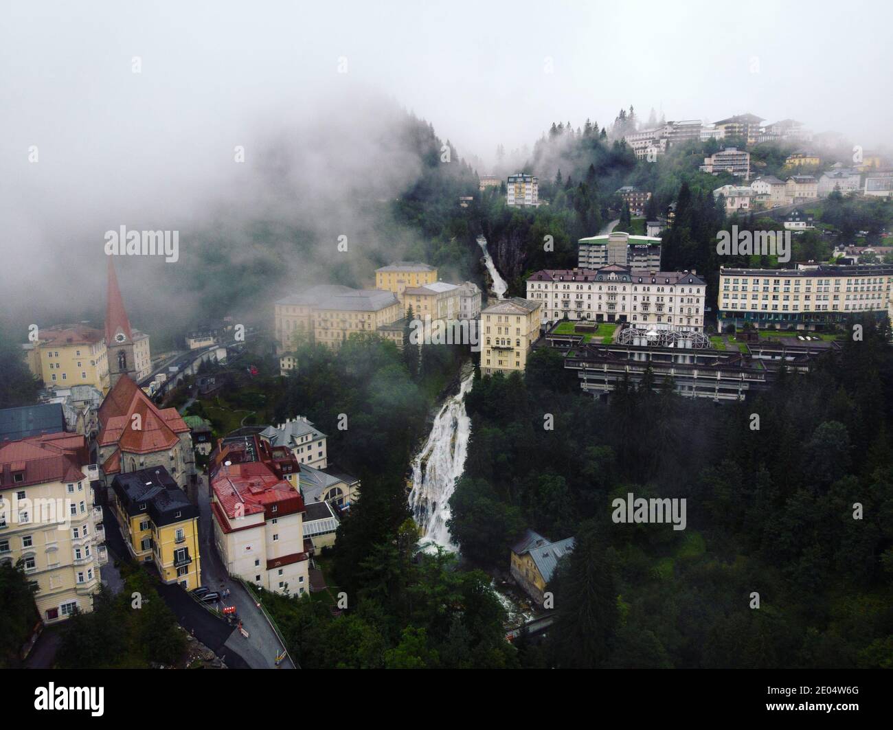 Aerial view of Gasteiner Ache waterfall in tourist spa town Bad Gastein ...