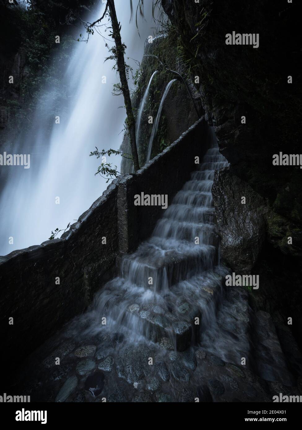 Water flowing down stairs at Pailon del diablo Devils Cauldron highest ...
