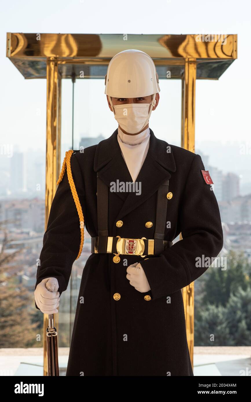 A Turkish military guard wearing a mask stands on guard at the An ...