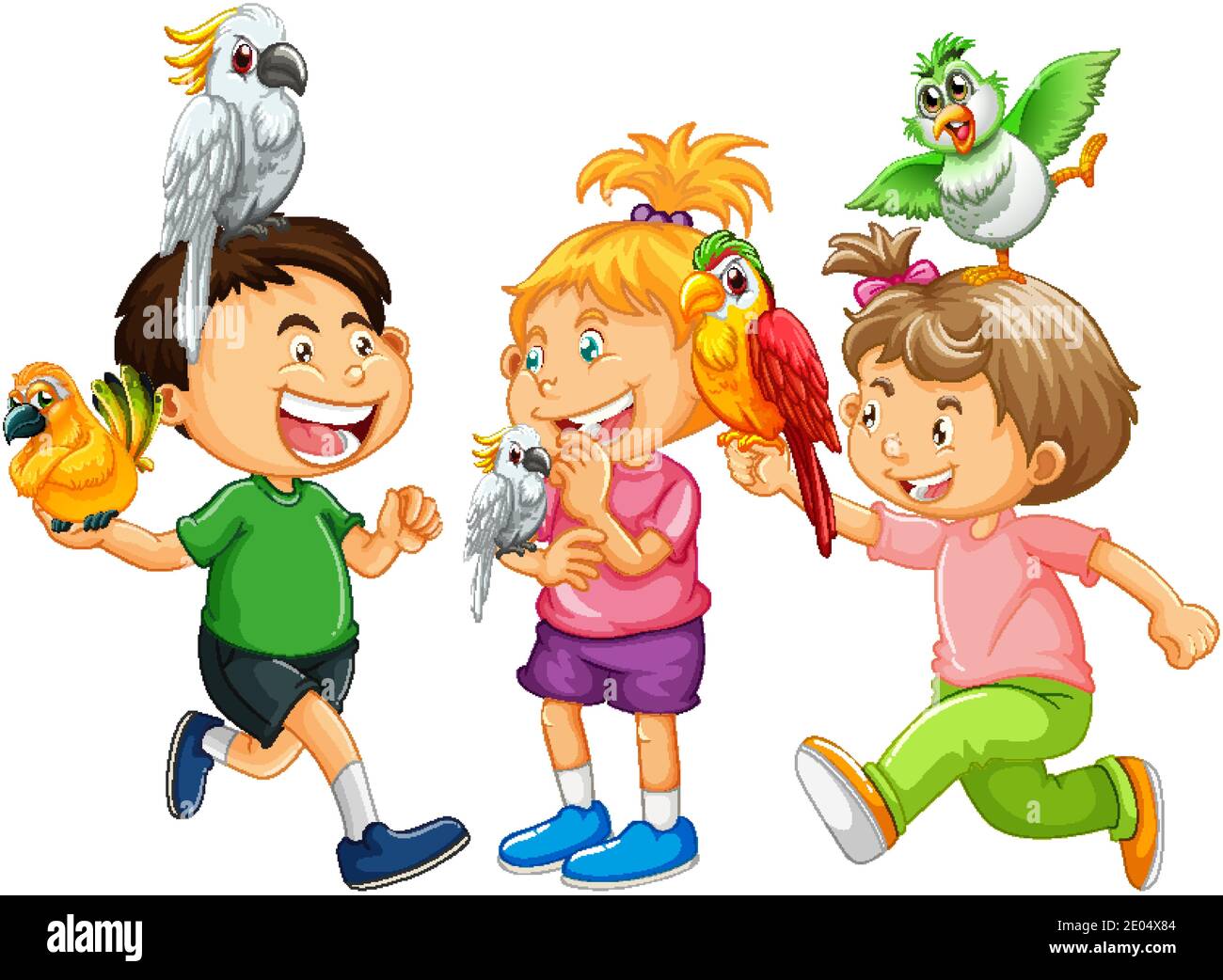 Children playing with parrot birds on white background illustration ...