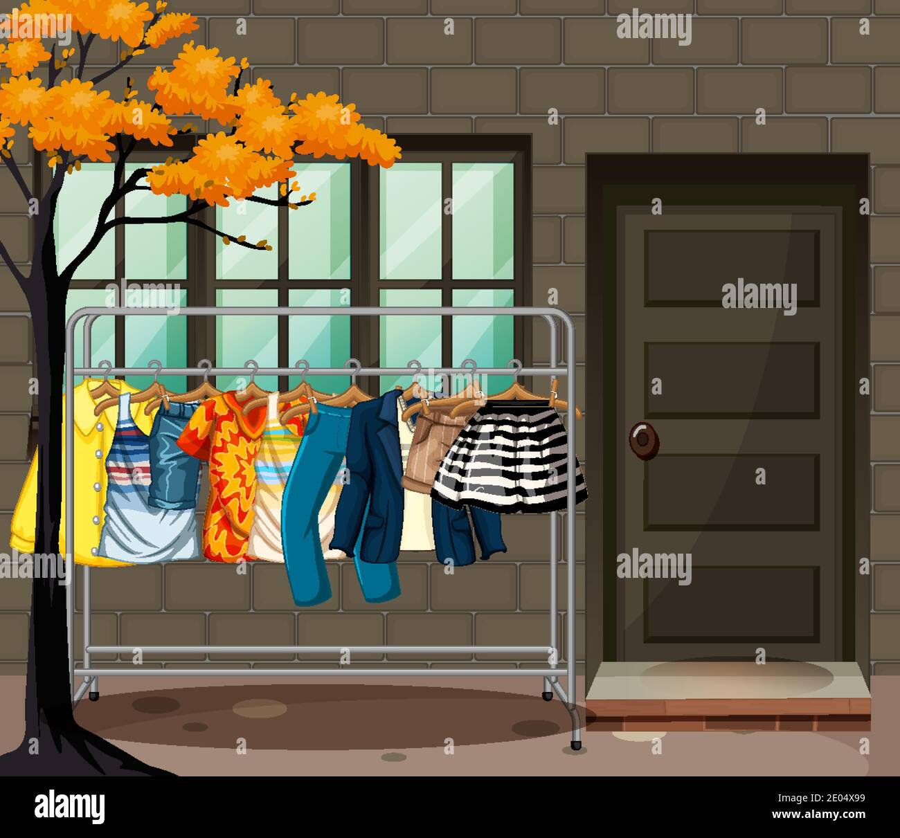 Many clothes hanging on a clothes rack in front of the house scene ...