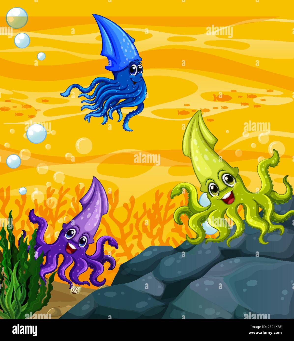 Many different squids cartoon character in the underwater background ...