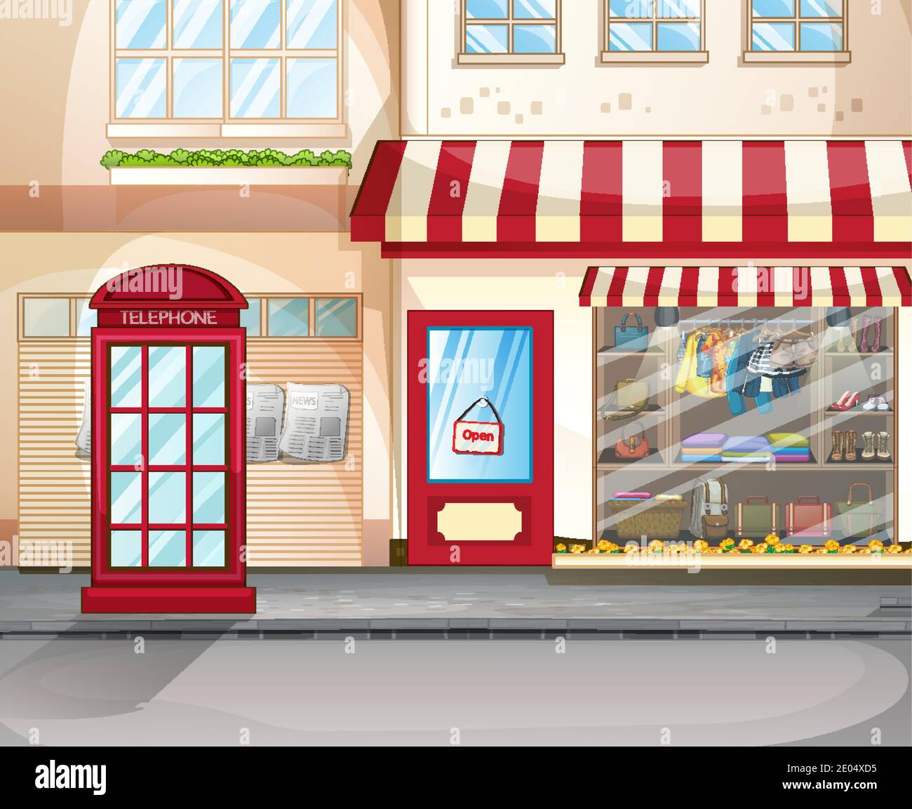 Front of clothing store showcase with clothes and accessories ...