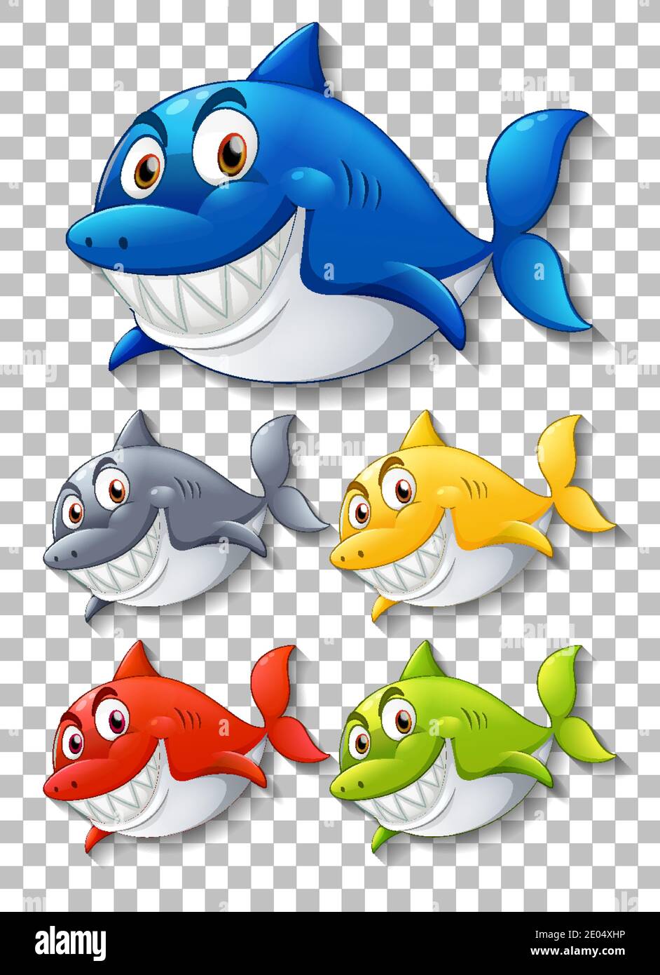 Set of different color shark smiling cartoon character on transparent ...