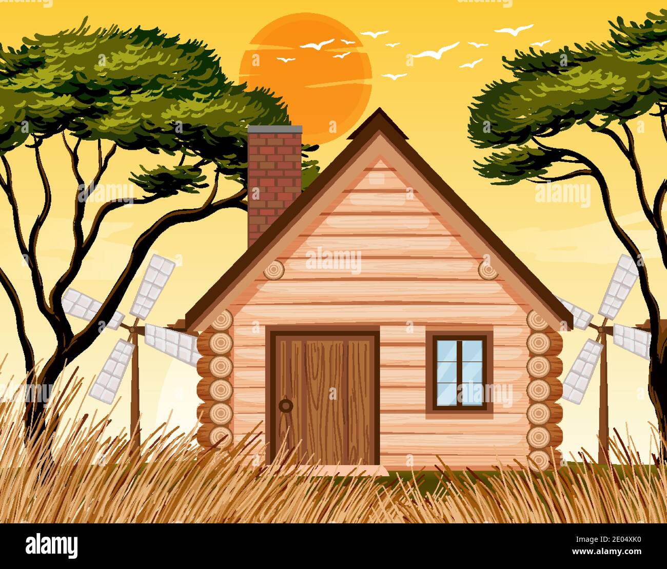 Sunset nature house scene illustration Stock Vector Image & Art - Alamy