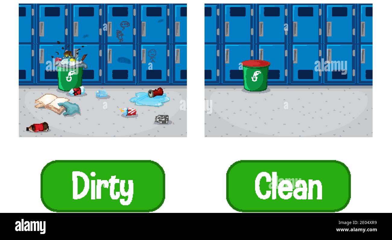 Opposite adjectives words with dirty and clean illustration Stock ...