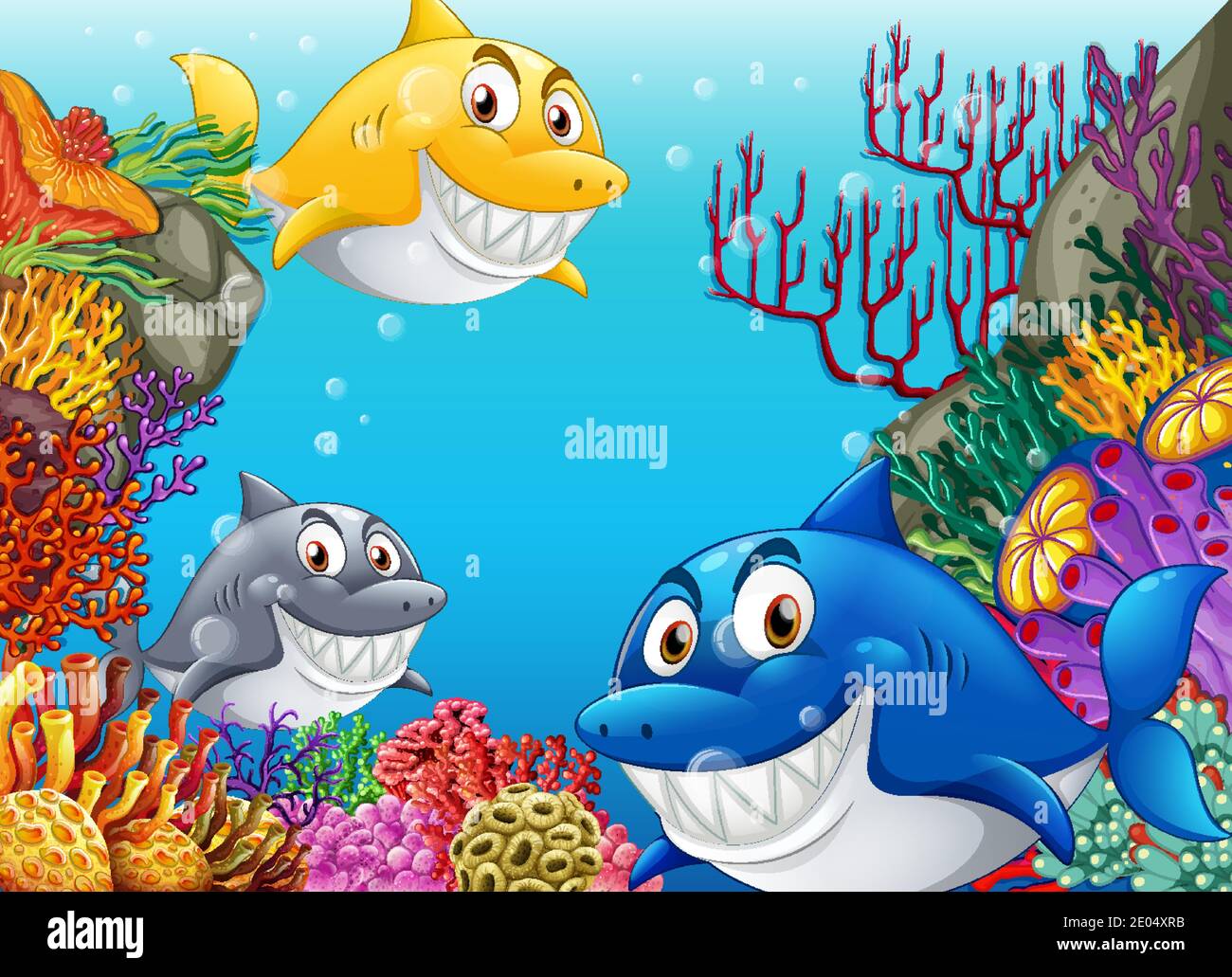 Many sharks cartoon character in the underwater background illustration ...