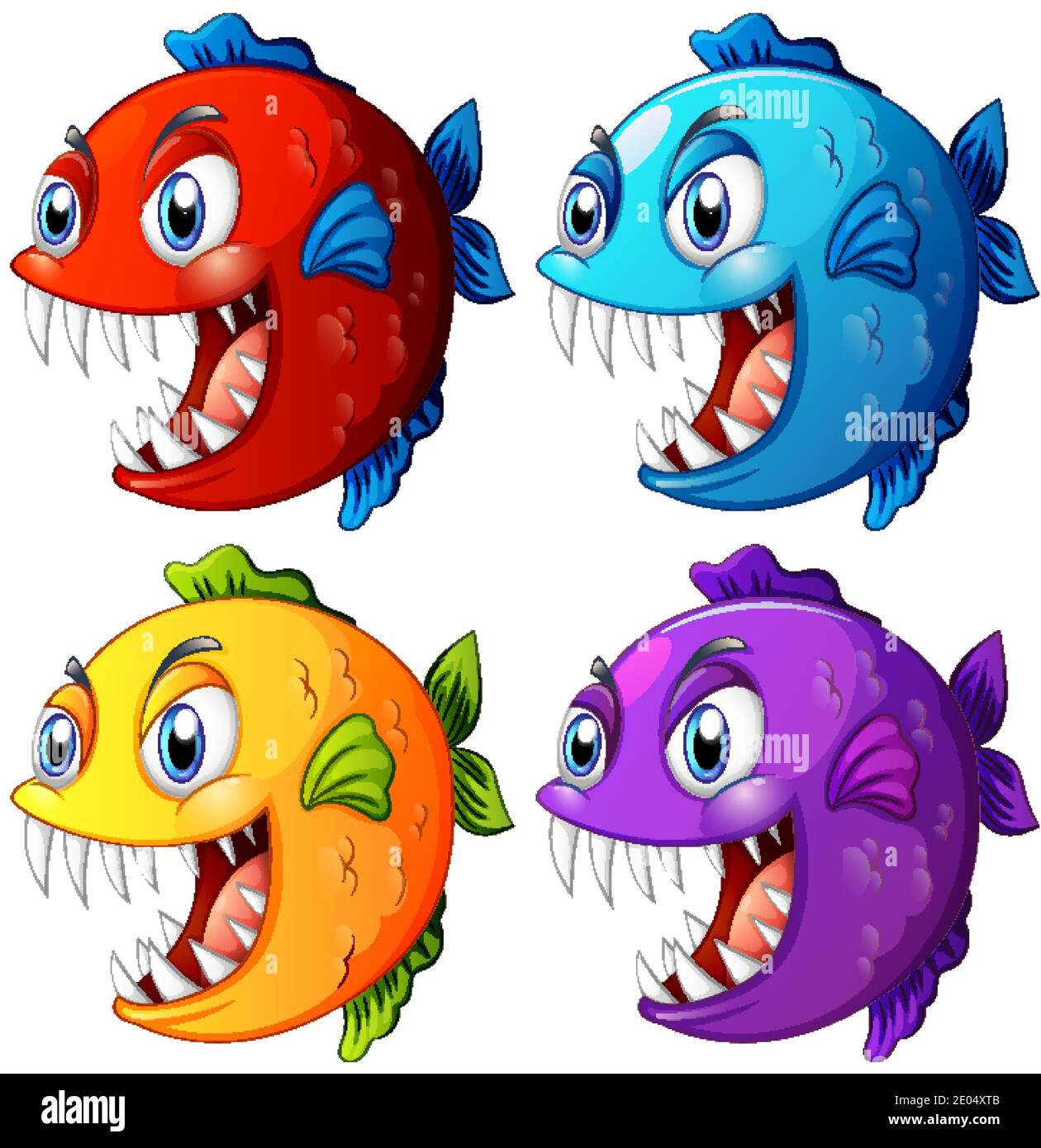 Set of different color exotic fish with big eyes cartoon character on ...
