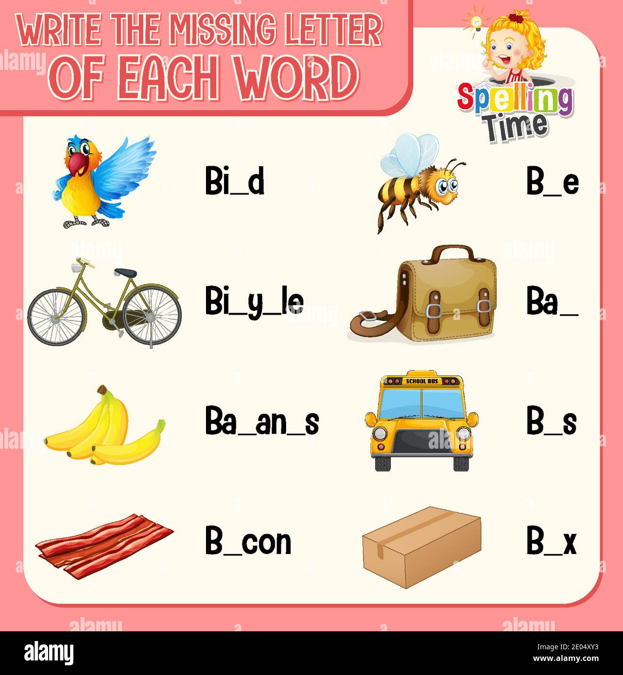Fill the missing letter of each word worksheet for children ...