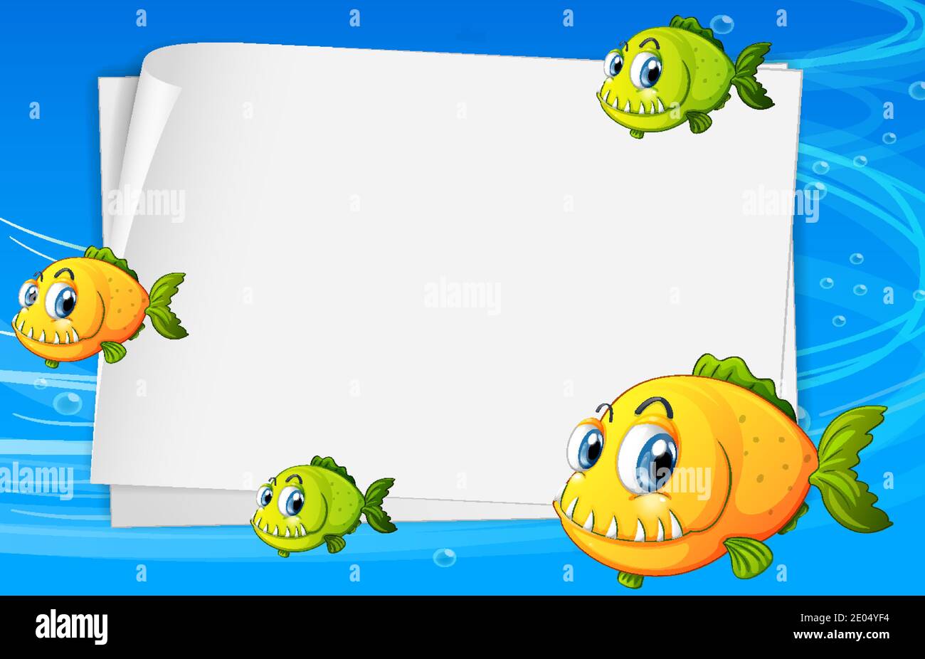Blank paper banner with many cute fish and on the underwater background ...