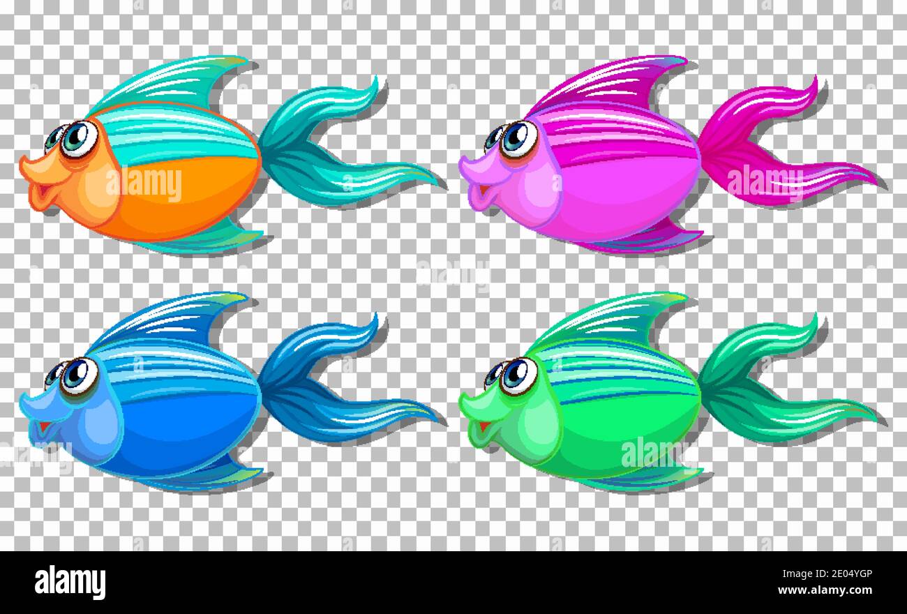 Set of different color fish with big eyes cartoon character on ...