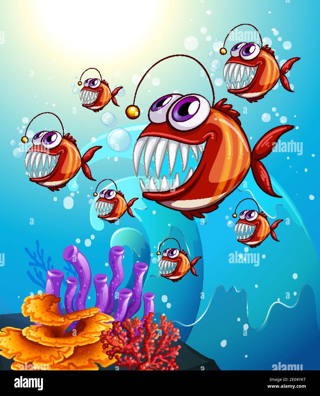 Angler fishes cartoon character in the underwater scene with corals ...